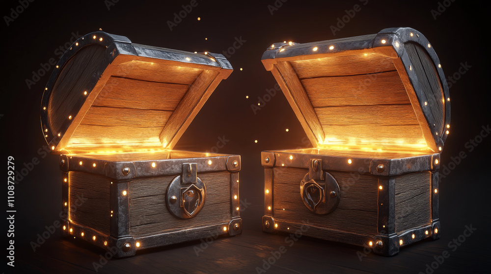 Closed and open wooden chest box with metal frame. Empty and with magic ...