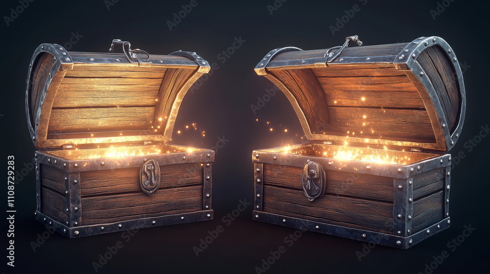 Closed and open wooden chest box with metal frame. Empty and with magic ...