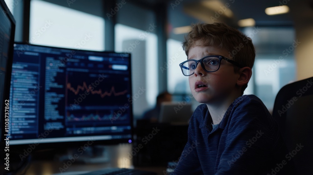 A young boy with glasses, wide-eyed in astonishment, sits before ...