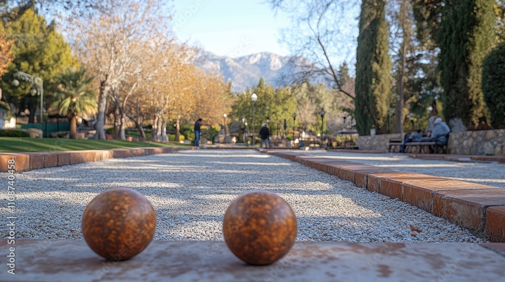 Bocce ball courts with crushed stone surface, players measuring ...