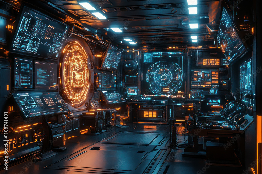 Spaceship interior with cockpit control panel, large screen displaying planet Earth. Bright ...