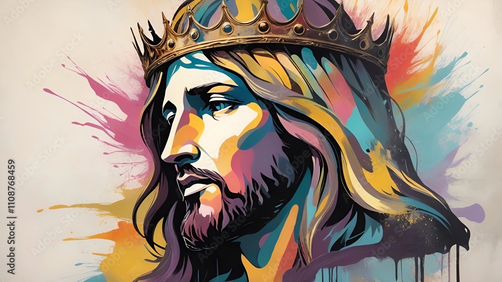 Abstract paint art portrait of Jesus Christ face wearing king's crown ...