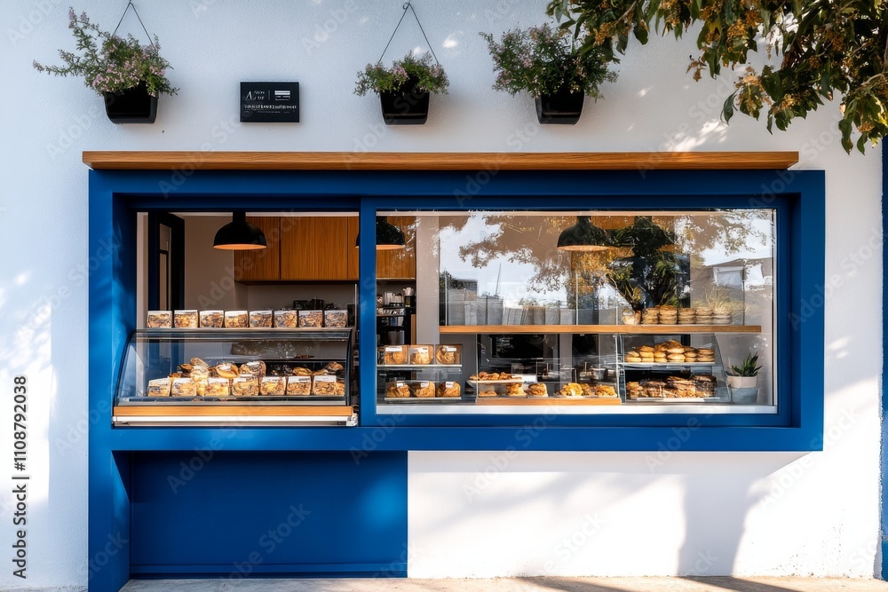 Cozy bakery exterior with an inviting display of baked goods in a sunny ...