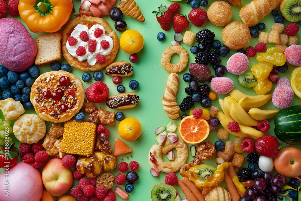 Healthy and unhealthy food background from fruits and vegetables vs ...