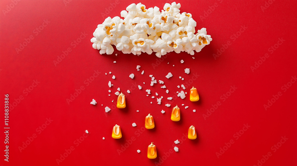 Popcorn cloud raining candy corn on a vibrant red background during ...