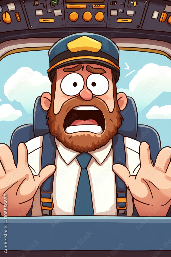 Grumpy. A cartoon pilot looks panicked in the cockpit, expressing fear ...