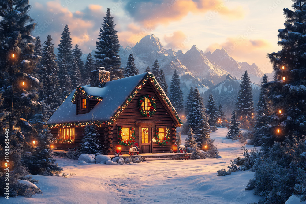 Merry Christmas card with cozy winter cabin design and rustic elements ...