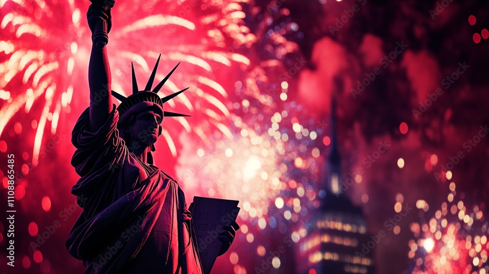 Statue of liberty celebrating independence day with fireworks in new ...