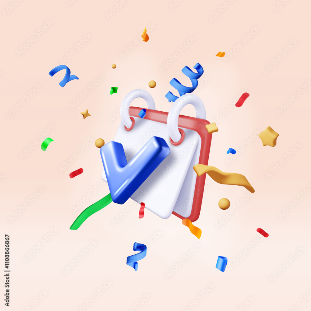 3D spiral wall calendar and check mark in confetti. Render calendar ...