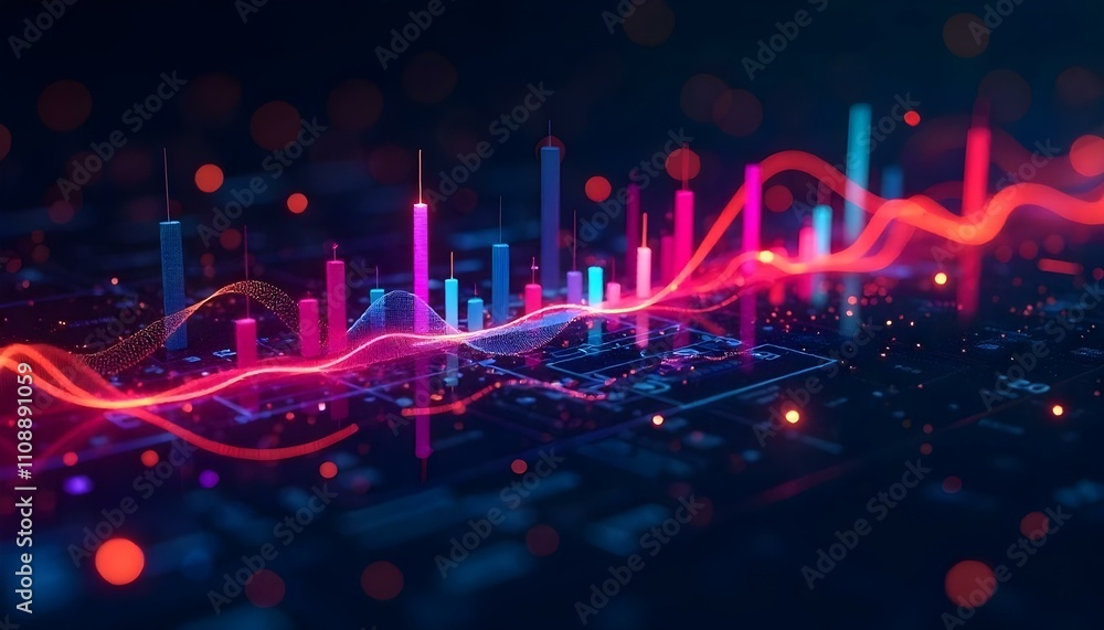 Data visualization in bar chart and animated digital waveforms Stock ...