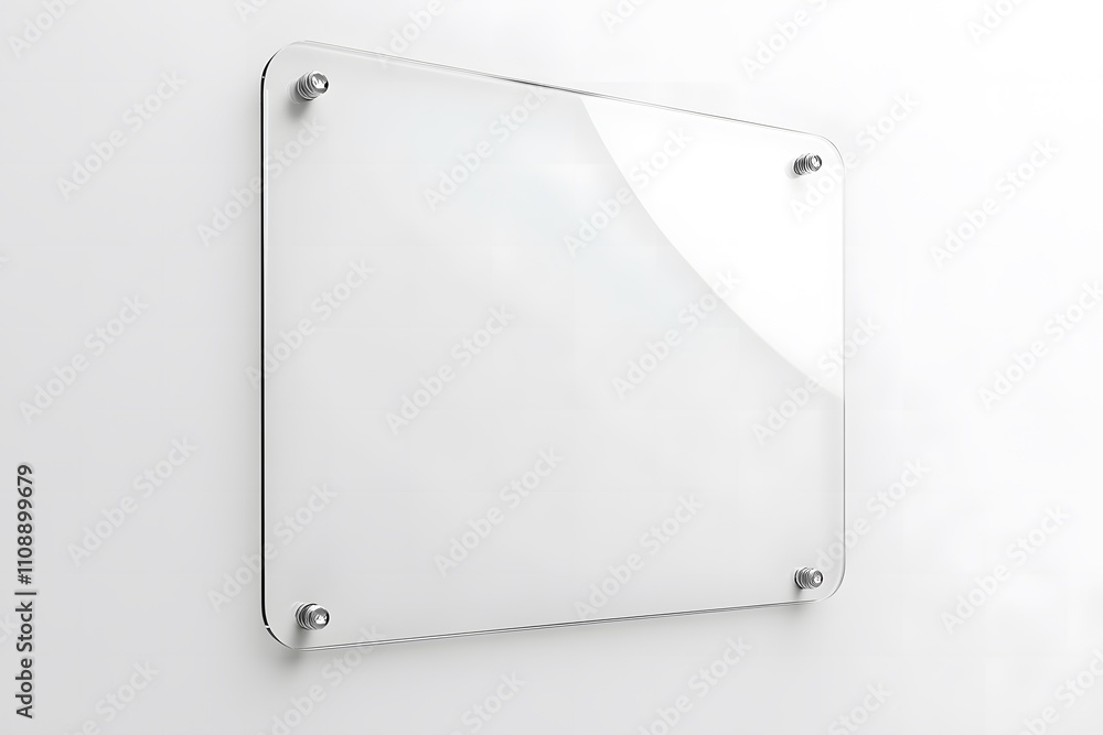 Transparent glass sign plate on white wall mockup. Template of a blank ...