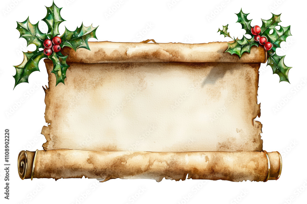 Christmas Holly Berries Decorate Old Scroll isolated on PNG Transparent ...