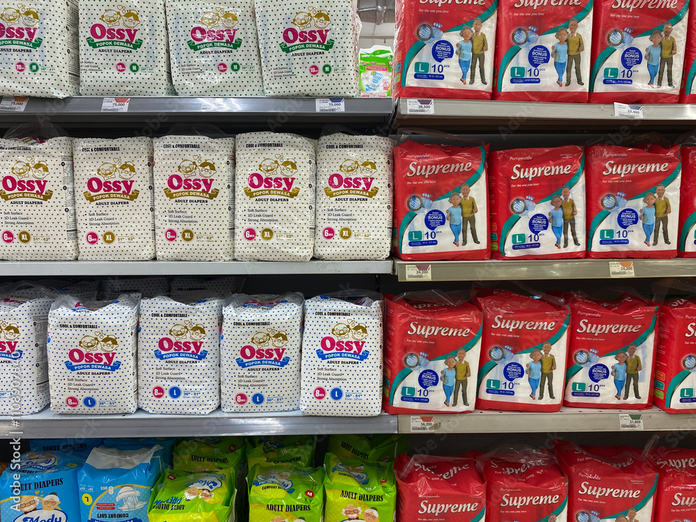 Various adult diapers brands at Indonesia, displayed on supermarket ...