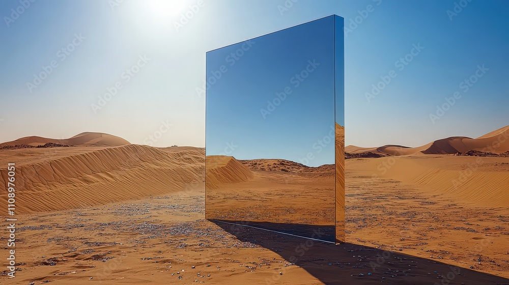 Surreal mirrored structure standing in a desert with golden dunes under ...