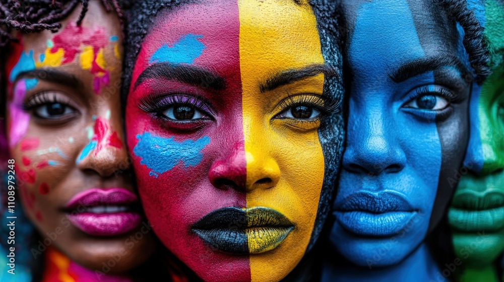 Four women blend together, their faces painted in bright colors ...