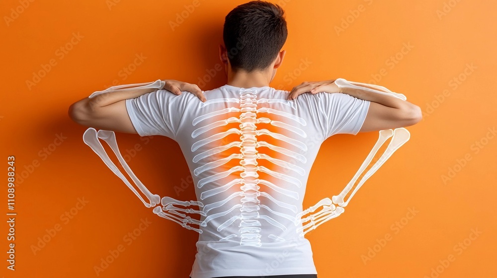 Man demonstrating spine health with a skeleton overlay on a vibrant ...