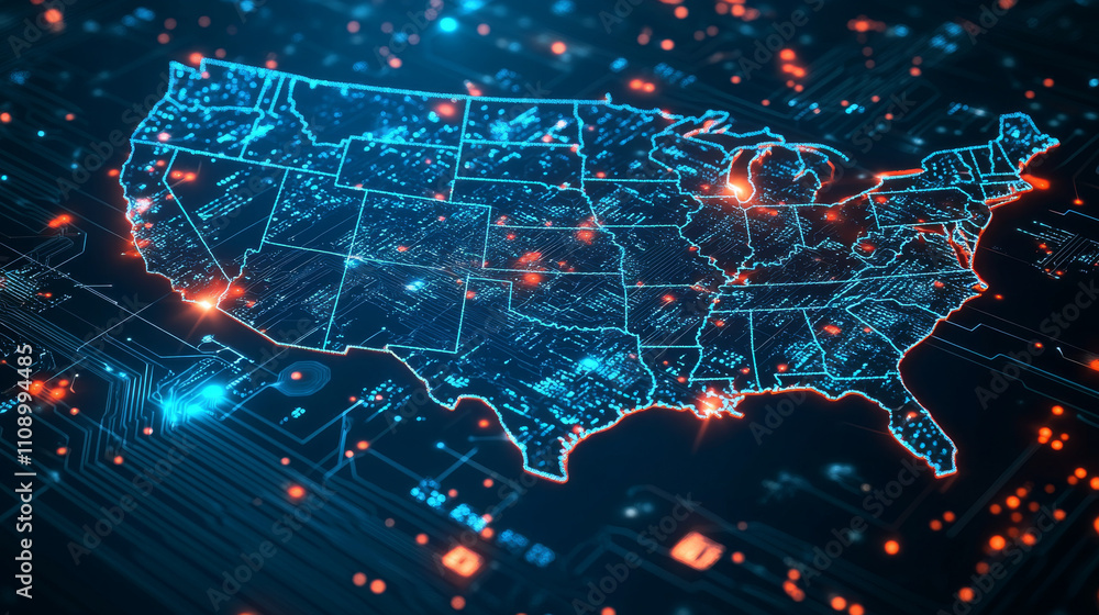 Map of the USA as a printed circuit Board. illustration. Electronic ...