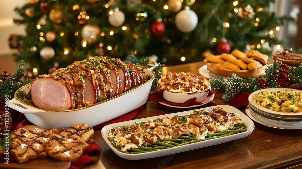 A festive holiday table with a beautifully decorated Christmas tree in ...