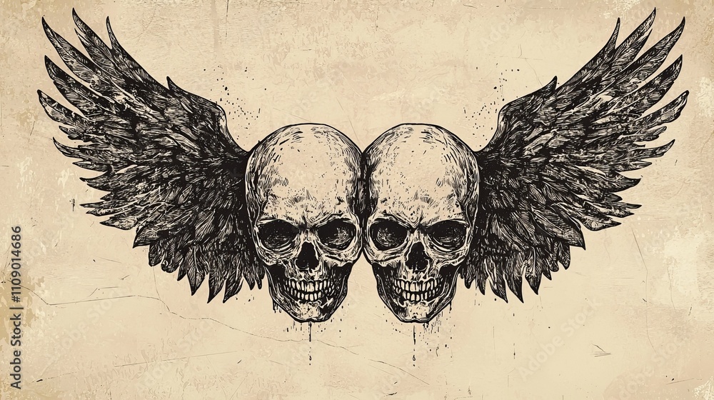 two skulls with wings on a grunge background The skulls are sketched in ...