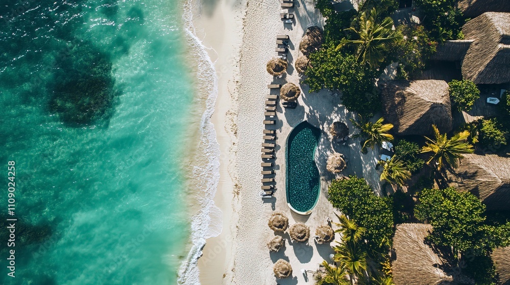 A luxury beach resort with infinity pools, thatched-roof cabanas, and a ...