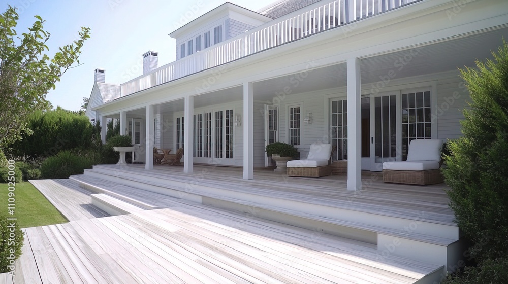 Modern beach coastal veranda front entrance porch steps balcony white ...