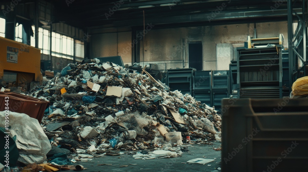Pile of discarded materials in a recycling center warehouse, showcasing ...