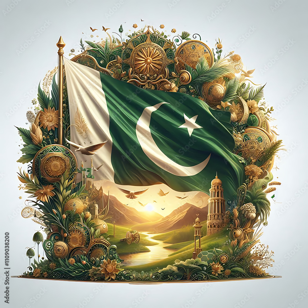 Pakistan beautiful flag waving on white background with colorful ...