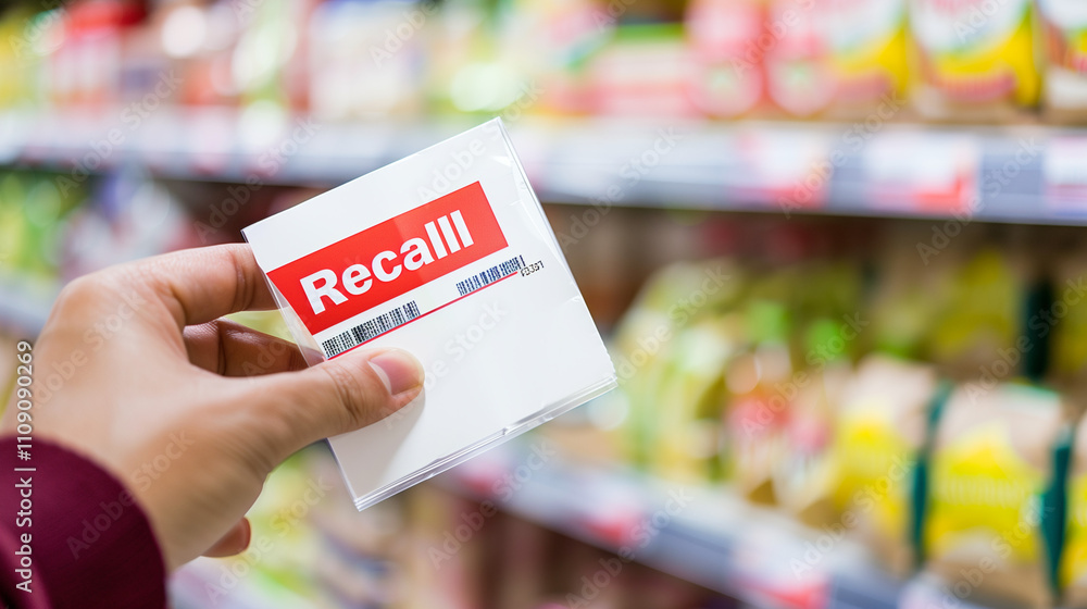 Hand holding a "Recall" sticker on a packaged food item, highlighting ...