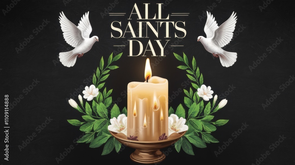 All Saints' Day poster on a black background. A large candle with a lit ...