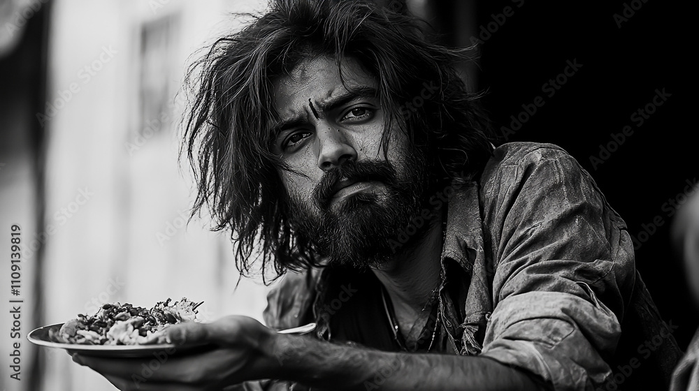 A made Indian man sitting on the street, eating food from his hand ...