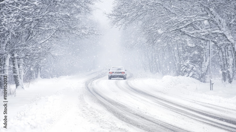 Dangerous winter blizzard on a driving road, showing heavy snow and ...