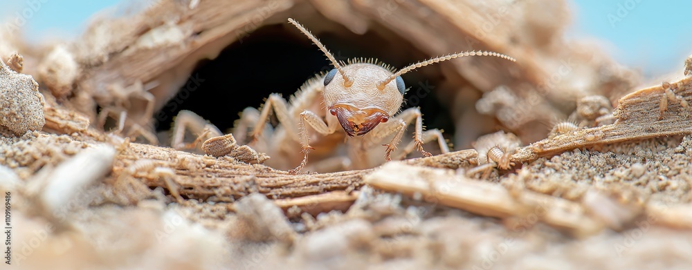Macro image of a termite emerging from a soil tunnel, highlighting its ...