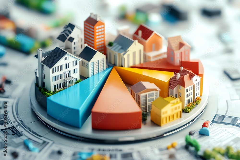 Colorful model of houses arranged in a pie chart, representing real ...