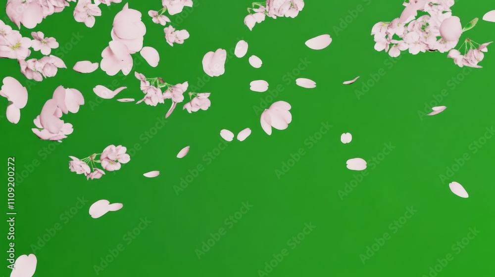 Sakura flower petals falling down isolated on green screen chroma key ...