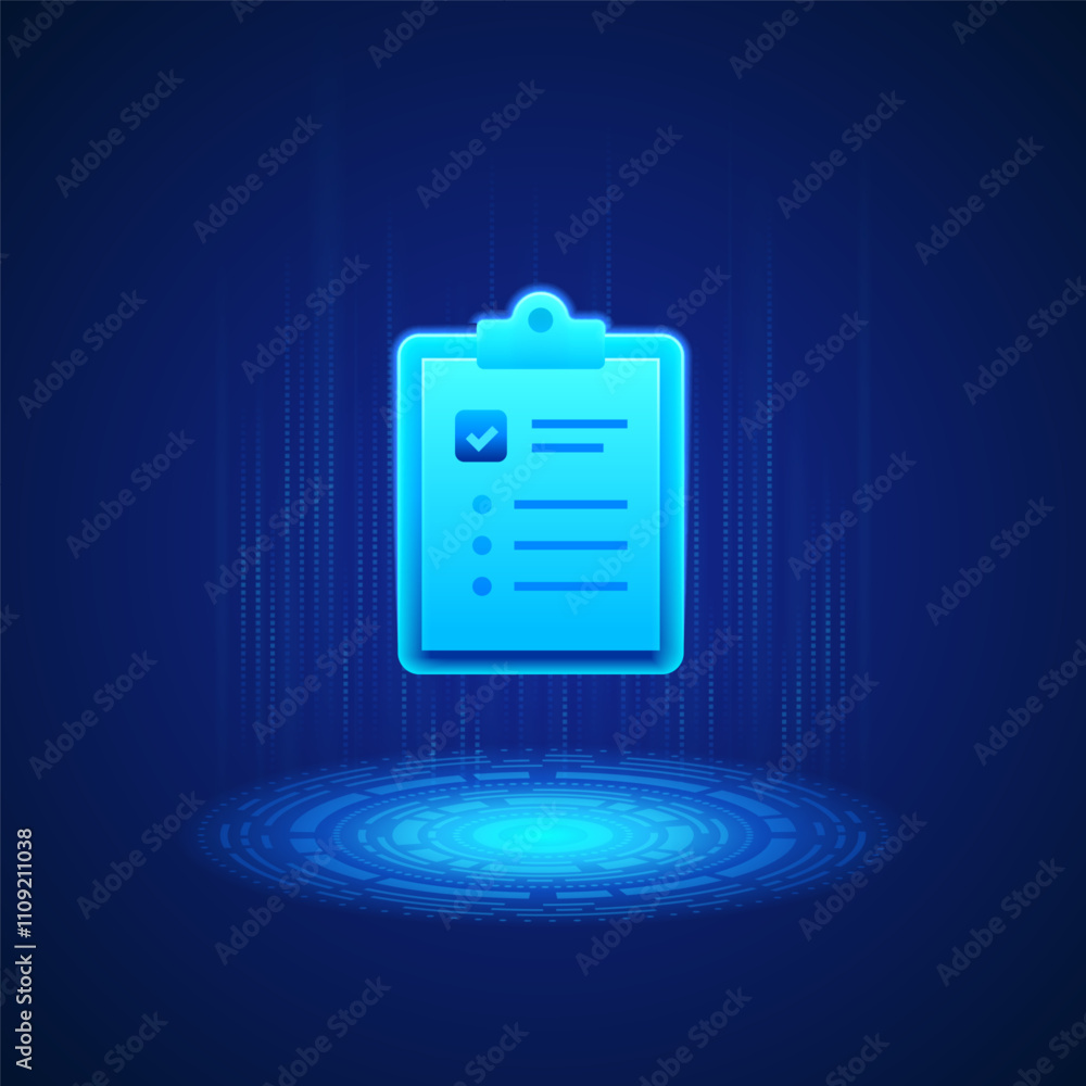 Glowing blue clipboard icon with a checkmark and list items floating ...