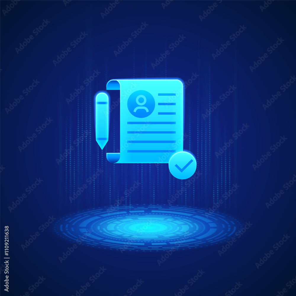 A glowing blue contract icon with a pen and a checkmark. The contract ...