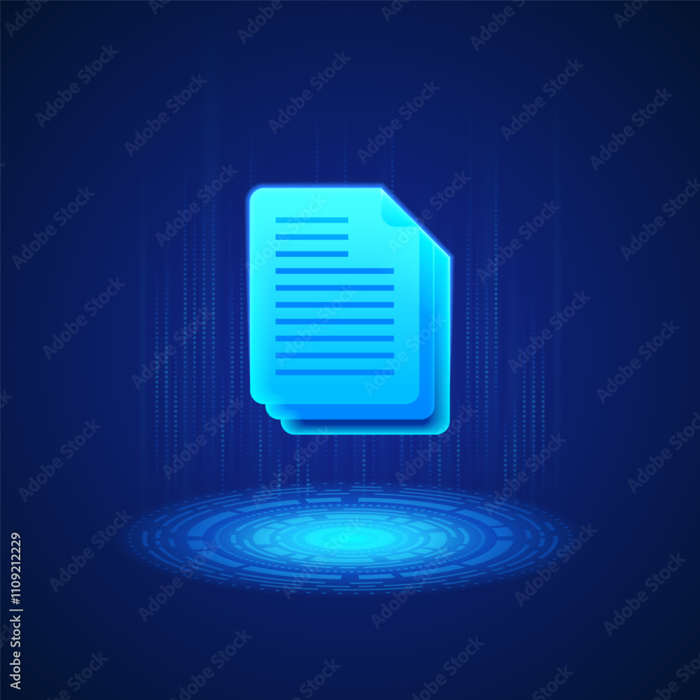 A glowing blue document icon with lines representing text and a folded ...