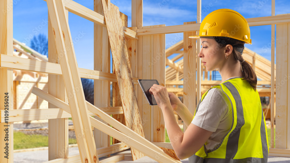 Woman builds house out of wood. Girl architect at construction site ...