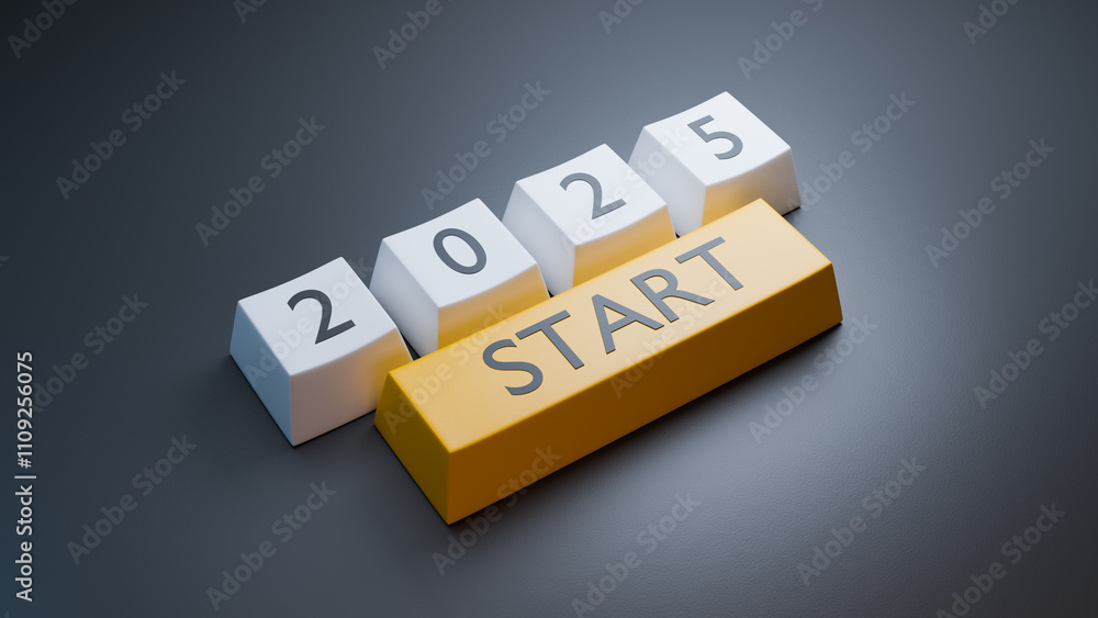 Start 2025. Next year number on keyboard. Buttons 2025 on black ...