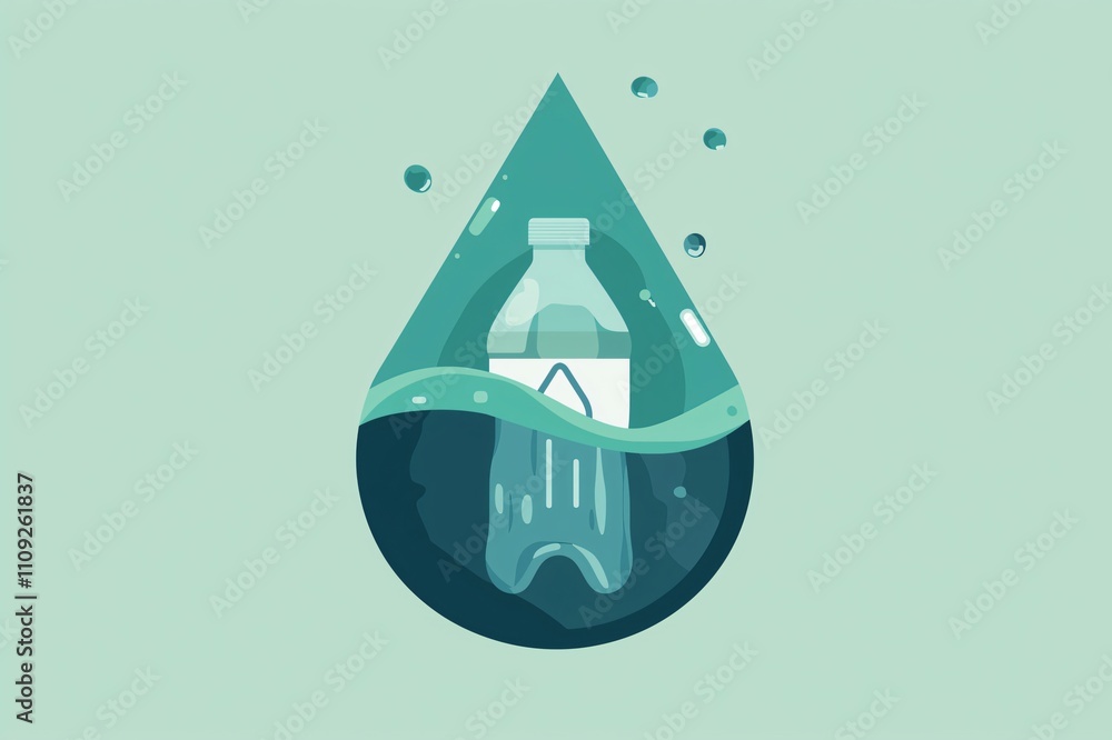 Minimalist illustration depicting a plastic bottle polluting a water ...
