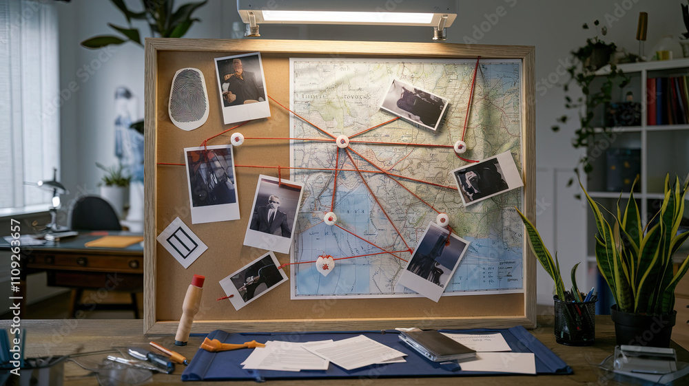 Detective Board with Fingerprints, Photos, Map, and Clues Connected by ...