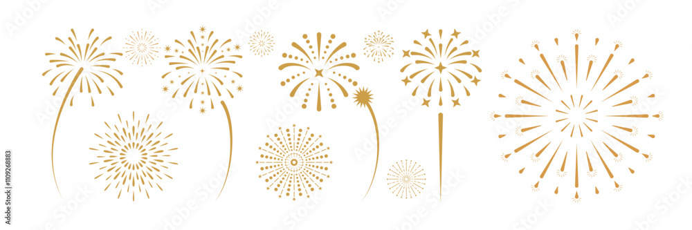 Fireworks, set of fireworks icons, abstract fireworks symbols, gold ...