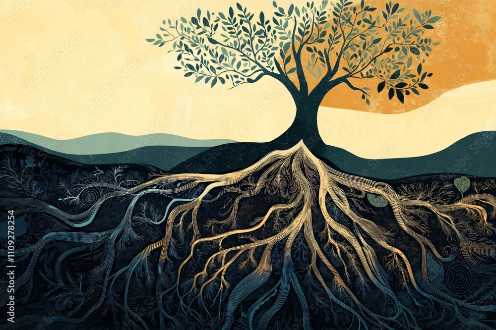 Abstract illustration of a tree showing its roots spreading underground ...