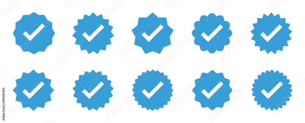 Set of verified badge. Blue check mark icon. Set of right symbol in zig ...