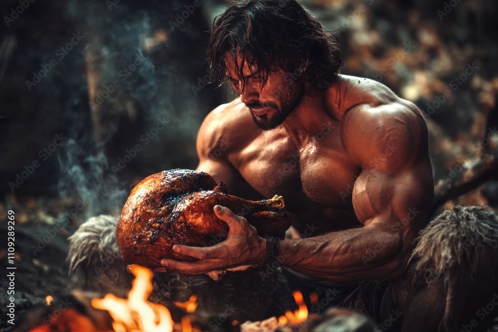 Neanderthal man with athletic build, large muscles, roasting chicken on ...