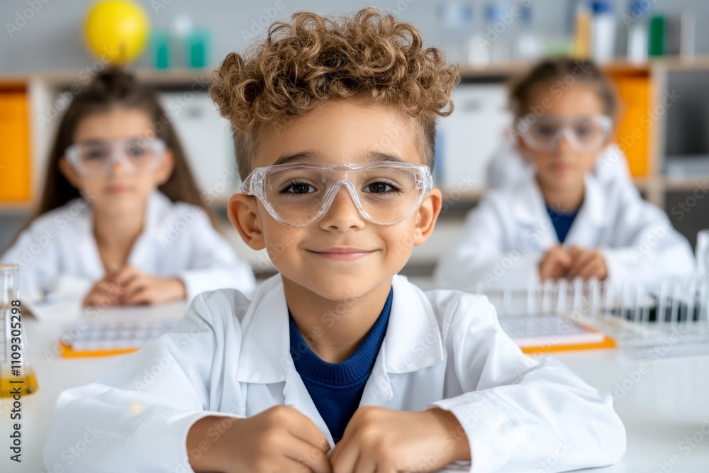 A chemistry lab classroom with glass beakers, test tubes, and students ...