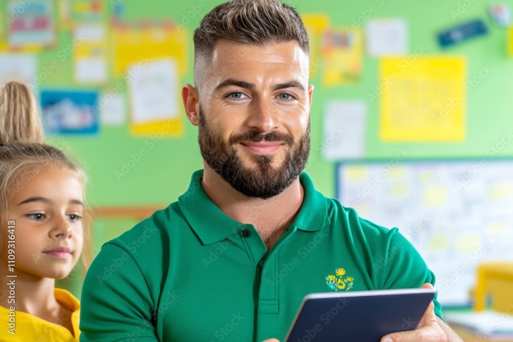 A modern digital classroom with interactive screens, students using ...