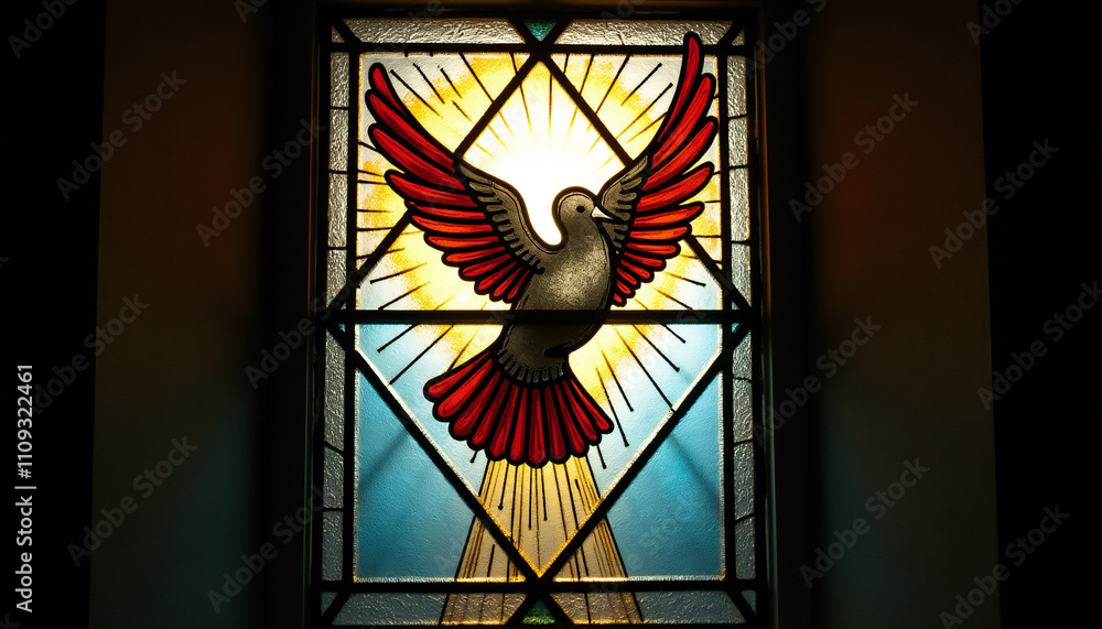 Stained glass window depicting the Holy Spirit as a dove radiating ...