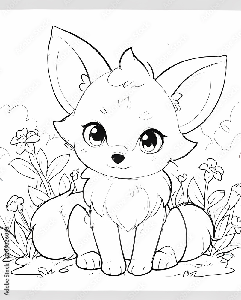 Adorable Chibi Fox Line Art Coloring Page for Kids with Big Ears and ...
