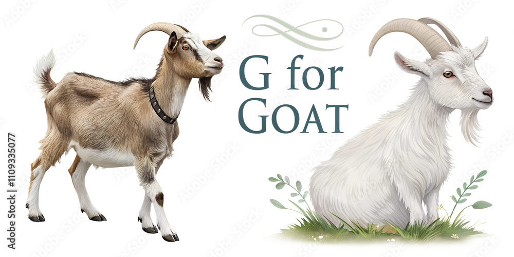 Text "G for Goat" with a photo of goat isolated in a transparent ...